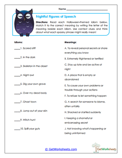 Frightful Figures of Speech Worksheet - Idioms & Figurative Language