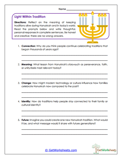 Light Within Tradition Worksheet - Reflection & Critical Thinking