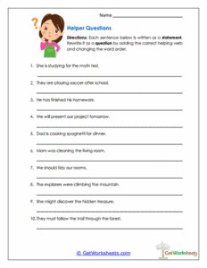 Type Questions Worksheet - Forming Questions with Helping Verbs
