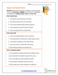 Helper and Main Verbs Worksheet - Verb Phrase Analysis