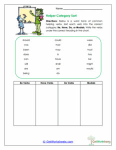 Verb Sort Worksheet - Helping Verb Categories