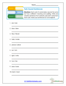 Twin Sound Sentences Worksheet - Writing with Homophones