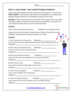 Short vs. Long Context Worksheet - Reading & Prediction Skills