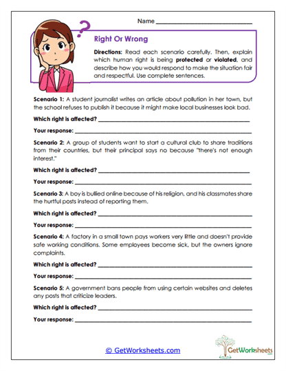 Right or Wrong Worksheet - Human Rights Analysis & Application