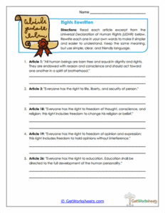 Rights Rewritten Worksheet - Paraphrasing & Comprehension