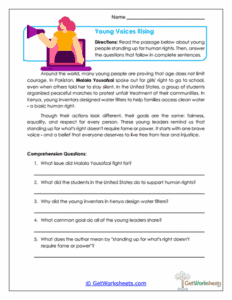 Young Voices Rising Worksheet - Reading Comprehension & Real-World ...