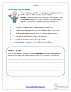 Preparedness Steps Worksheet - Hurricane Safety Sequencing