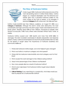 Story of Hurricane Katrina Worksheet - Reading & Earth Science