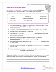 Hurricane Fill-in-the-Blanks Worksheet - Storm Vocabulary