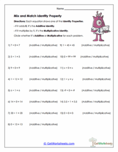 Mix and Match Identity Worksheet - Identifying Identity Properties