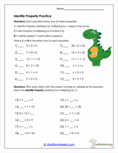 Property Practice Worksheet - Classifying Identity and Zero Properties