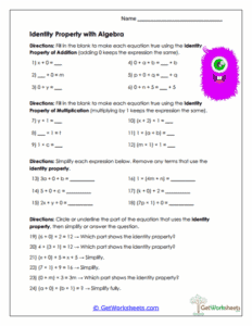 Identity Property of Addition & Multiplication Worksheets
