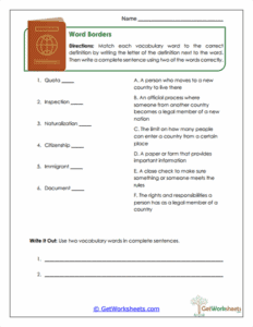 Word Borders Worksheet - Immigration Vocabulary Practice