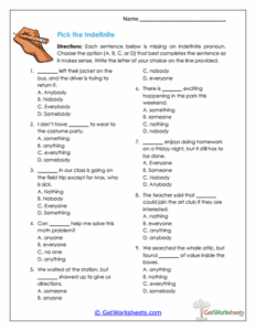Pick the Indefinite Worksheet - Choosing the Right Pronoun