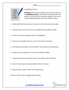 Usage Errors Worksheet - Fixing Indefinite Pronouns