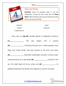 Stars and Stories Worksheet - July 4th Context Clues