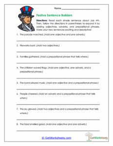 Festive Sentence Builders Worksheet - July 4th Grammar Skills