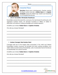 Industrial Titans Worksheet - Robber Barons or Captains?