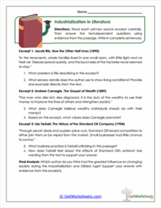 Industrialization in Literature Worksheet - Primary Source Analysis