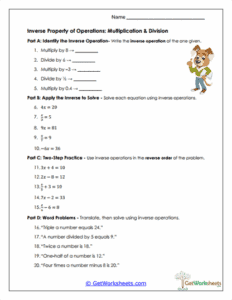 Multiplication & Division Inverses Worksheet - Solving with Inverse ...
