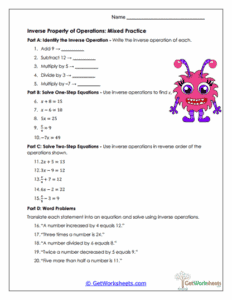 Mixed Inverse Practice Worksheet - Applying Inverse Operations