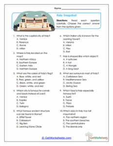 Italian Snapshot Worksheet - Geography & Culture Review