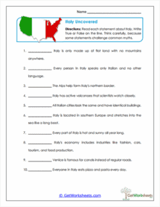 Fact Check Worksheet - Italy Geography & Culture Review