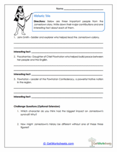 Historic Trio Worksheet - Jamestown Figures & Contributions