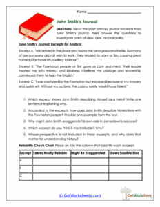 John Smith's Journal Worksheet - Primary Source Analysis
