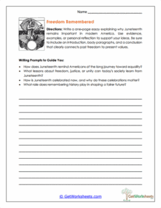 Freedom Remembered Worksheet - Juneteenth Essay Writing