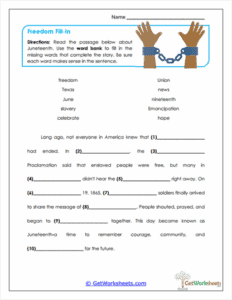 Freedom Fill-In Worksheet - Juneteenth Vocabulary in Context