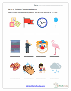 BL, CL, FL Picture Words Worksheet - Initial Blend Phonics