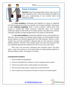 Power in Numbers Worksheet - Union vs Non-Union Reading