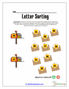 Mailbox Match M Worksheet - Uppercase & Lowercase Letter Sorting