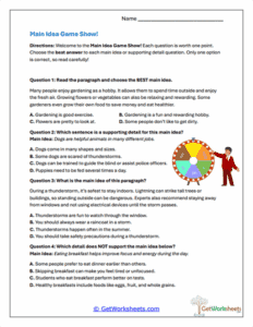 Game Show Main Idea Worksheet - Interactive Comprehension Practice