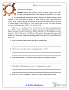 Teamwork Respect Worksheet - Reading & Social Skills