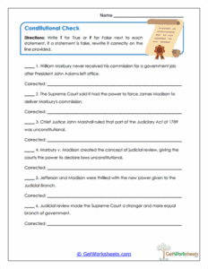 Constitutional Check Worksheet - Marbury v. Madison Review