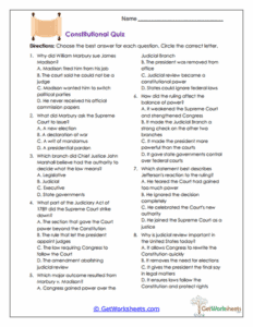 Constitutional Quiz Worksheet - Marbury v. Madison Review
