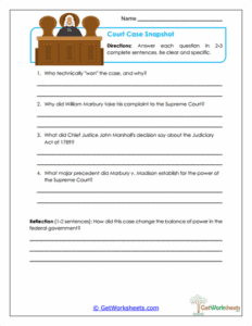 Court Case Snapshot Worksheet - Marbury v. Madison