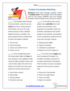Context Vocabulary Matching Worksheet - Inferring Word Meaning