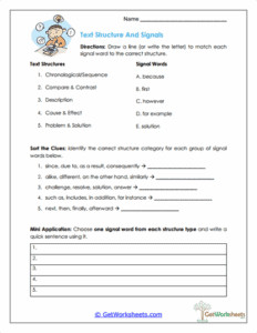 Text Structure and Signals Worksheet - Signal Words & Organization