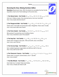Story Flip Equations Worksheet - Addition & Subtraction Fact Families