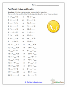 Solve & Switch Worksheet - Fact Families and Equation Relationships