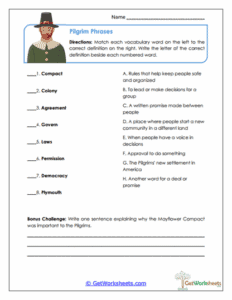 Pilgrim Phrases Worksheet - Mayflower Compact Vocabulary