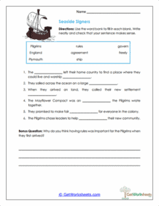 Seaside Signers Worksheet - Pilgrim Vocabulary Practice