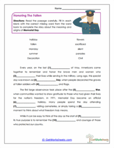 Memorial Day Cloze Reading Worksheet - History & Vocabulary