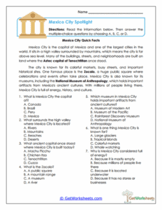 City Spotlight Worksheet - Mexico City Reading & Comprehension
