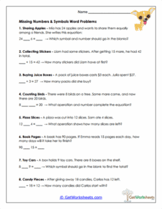 Missing Numbers & Symbols Word Problems Worksheet - Applied Math Reasoning