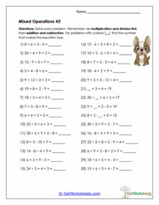 Equation Explorer Worksheet - Mixed Operations with Missing Values