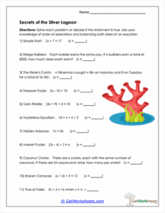 Silver Lagoon Math Mysteries Worksheet - Operations and Equations